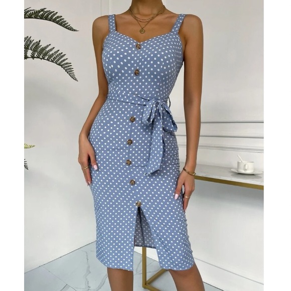 Dresses Boho Blue White Polka Dot Button Detail Belted Midi Dress